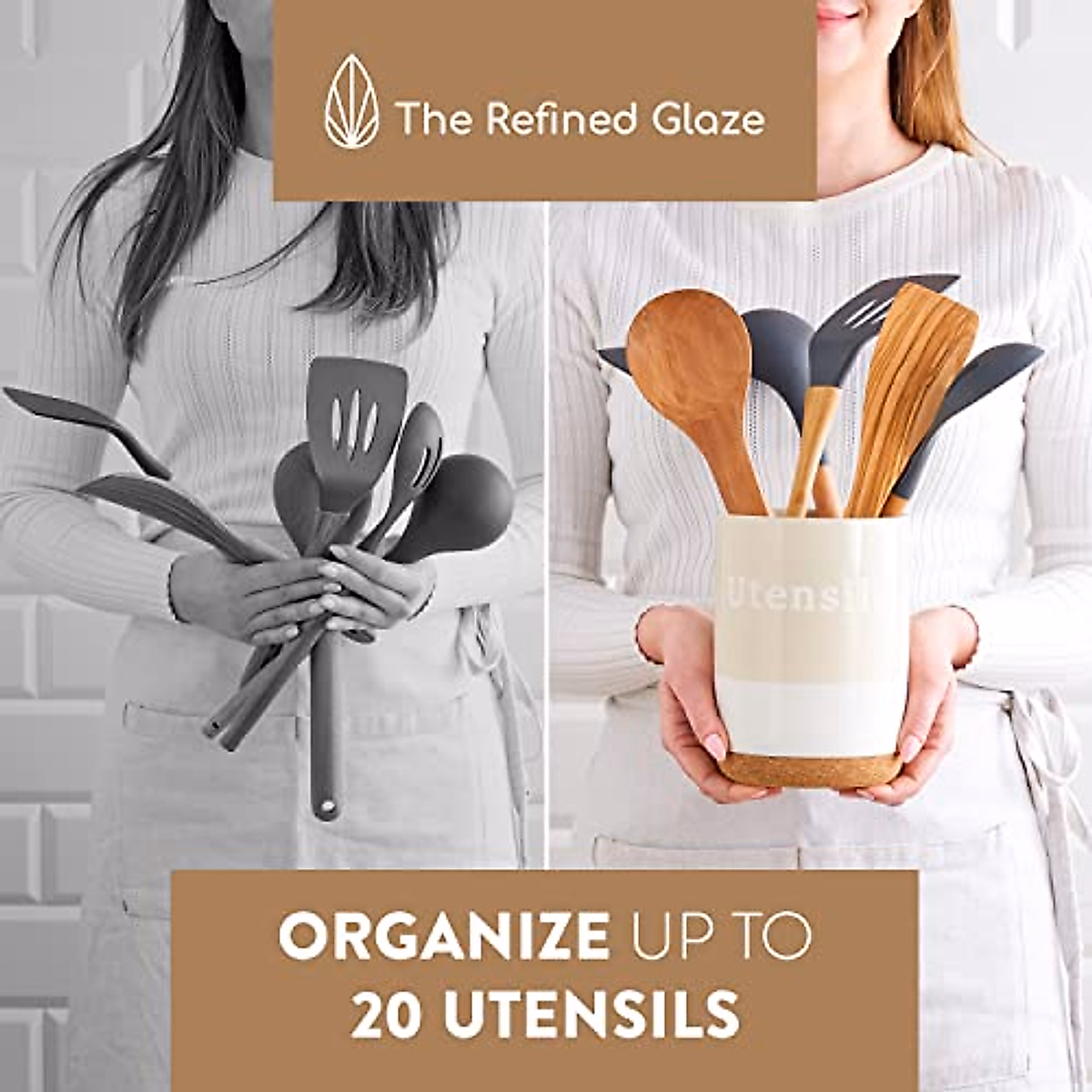 The Refined Glaze Farmhouse Utensil Holder for Countertop - Ceramic Farmhouse Utensil Holder (7in x 5in) - Large Elegant Kitchen Storage Organizer for Spatulas and Spoons (Beige and White)