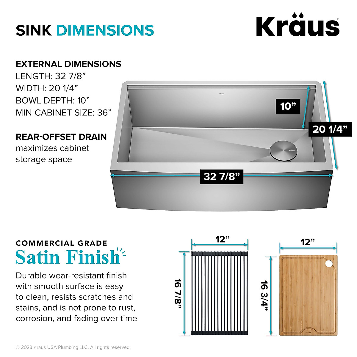 KRAUS Kore Workstation 33-inch Farmhouse Flat Apron Front 16 Gauge Single Bowl Stainless Steel Kitchen Sink with Integrated Ledge and Accessories (Pack of 5), KWF410-33
