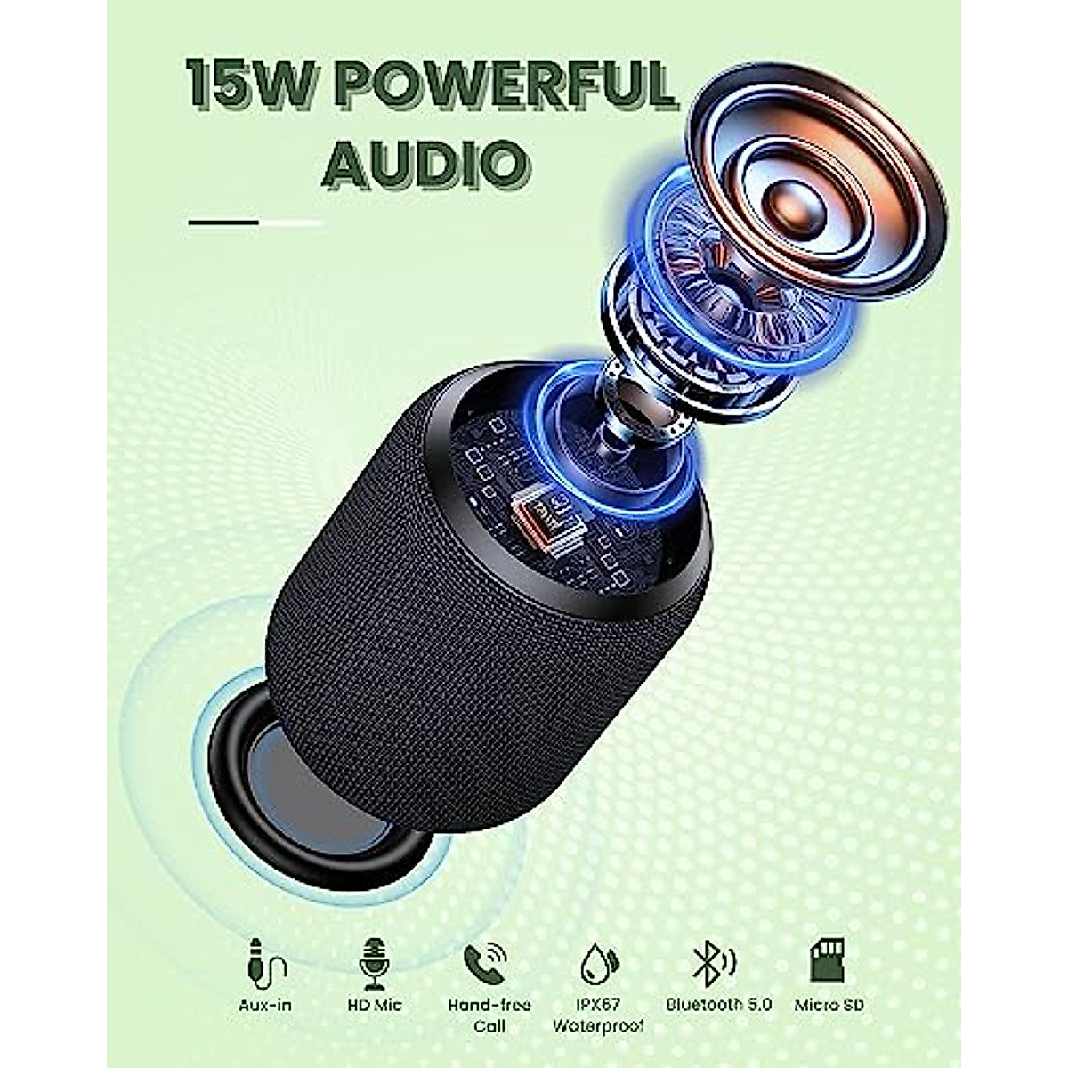 Bluetooth Speakers,Portable Wireless Speaker with 15W Stereo Sound, Active Extra Bass, IPX6 Waterproof Shower Speaker, Double Pairing, for Party, Home Theater, Game Theater