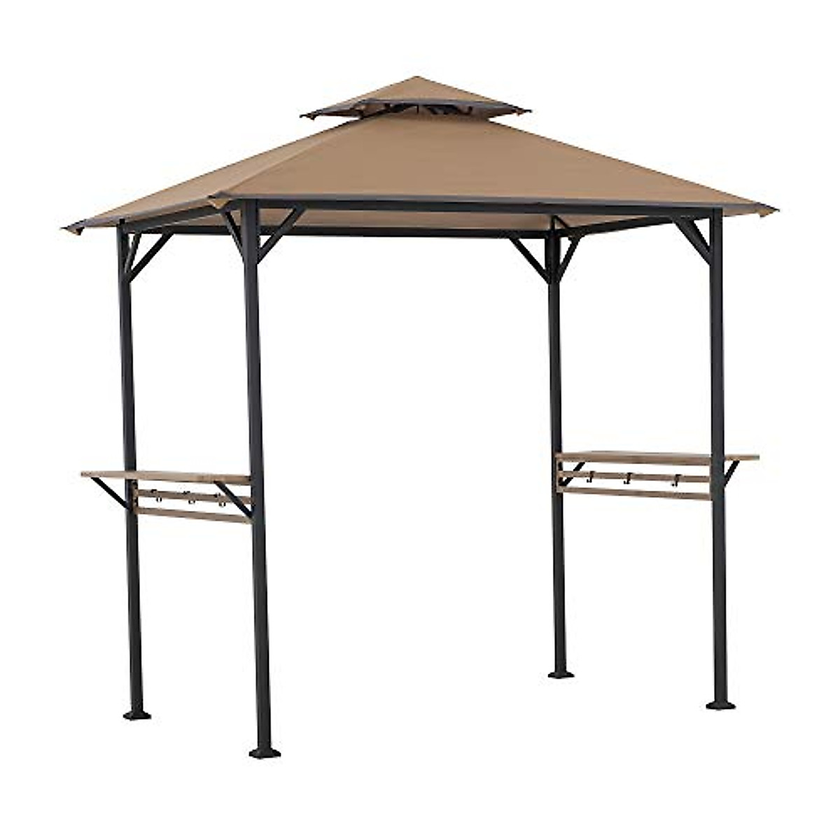 Sunjoy 5 x 8 ft Grill Gazebo with Double Tiered Canopy Roof, Black Steel Frame Grill Gazebo for Outdoor, Patio, Garden, and Backyard Activities, Khaki
