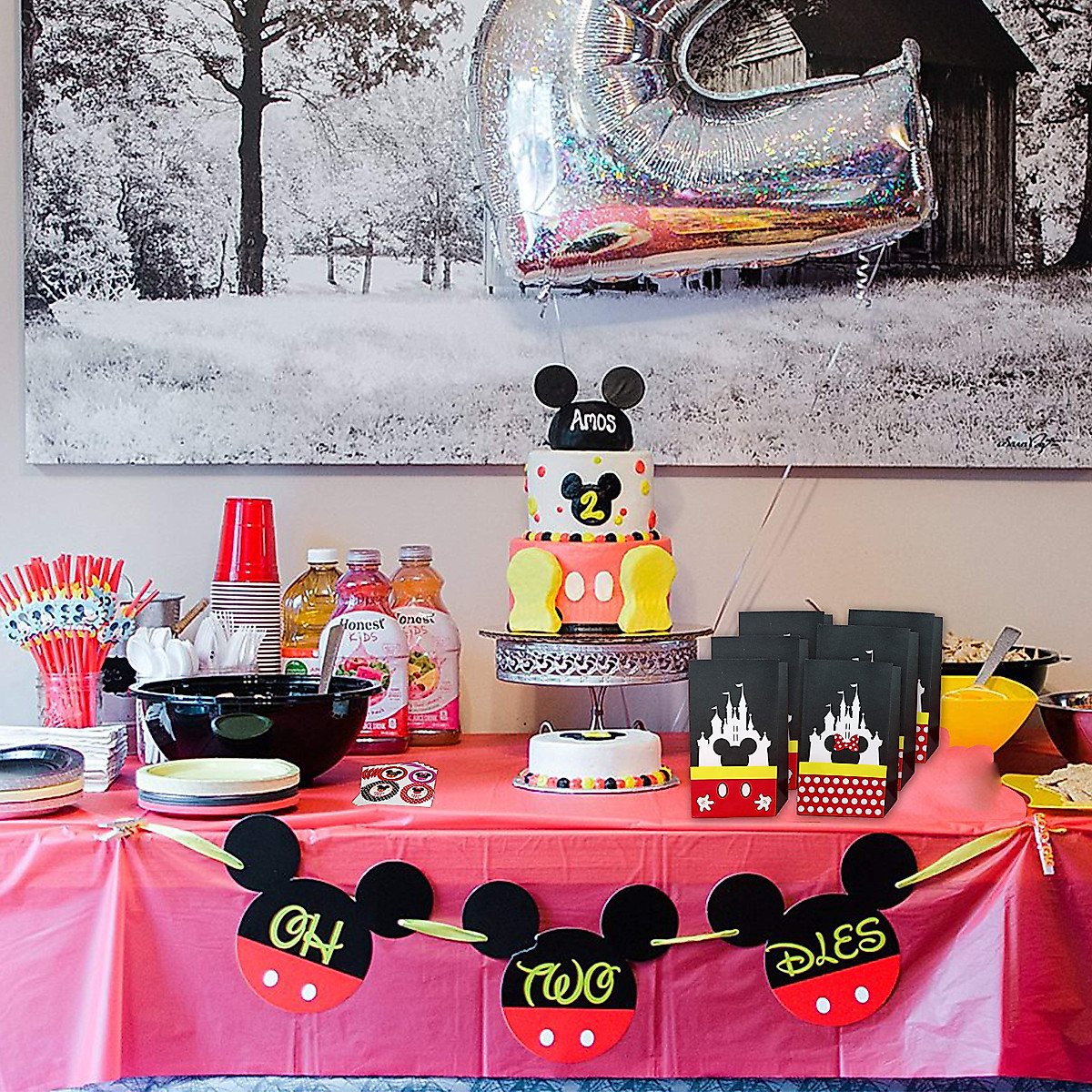 MOAXMOA Party favor Gift Bags Candy Treat Bags Birthday Baby Shower Wedding Mickey Minnie Theme Decorations Supplies with Stickers Set of 24