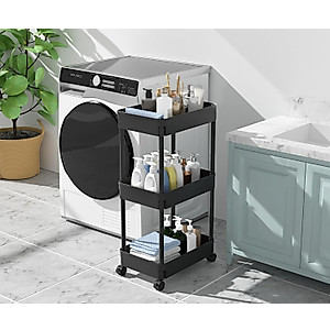 Sooyee 3-Tier Plastic Rolling Utility Cart with Wheels, Multi-Functional Storage Trolley for Office, Living Room, Kitchen, Movable Storage Organizer with Wheels, Black