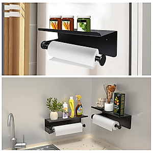 WEST TUNE Paper Towel Holder Wall Mount with Shelf - Paper Towel Holder with Damping Effect,Adhesive or Drilled for Bathroom/Garage/Kitchen(Stainless Steel, Matte Black)