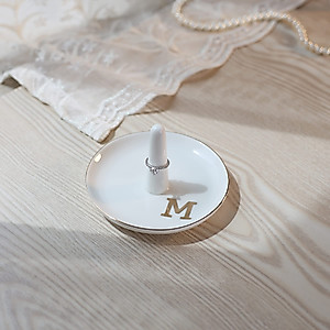 HOME SMILE Initials Ring Holder Jewery Tray with personalized M-Monogrammed Engagement Gifts for Friends,Birthday Mother's Day Christmas Gifts for Women,Ceramic White