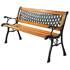 Tangkula Outdoor Garden Bench Park Bench, Patio Bench Chair with Cast Iron & Hardwood Structure, Weather Proof Porch Outdoor Furniture Loveseat, Perfect for Backyard, Deck, Lawn, Poolside