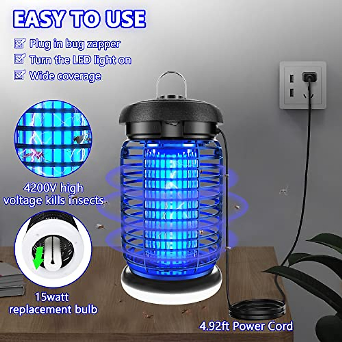Bug Zapper Outdoor, Mosquito Zapper with LED Light, Fly Zapper Outdoor Indoor, Insect Zapper Electric Fly Traps, Plug in Mosquito Killer for Patio Yard