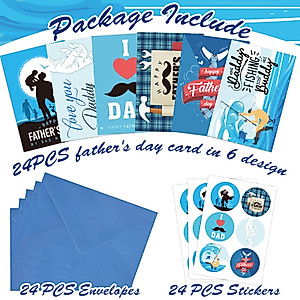 Whaline 24 Pack Father's Day Greeting Cards Happy Father's Day Note Cards with Blue Envelopes & Stickers I Love Dad Gift Blank Cards for Father's Day Birthday Party Supplies, 4 x 6 Inch, 6 Design