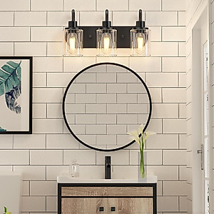 Baocuz 3-Light Bathroom Light Fixtures, Black Vanity Light Farmhouse Wall Sconces with Clear Glass Shade, Modern Bathroom Wall Lamp for Mirror Bedroom Hallway Living Room Cabinet