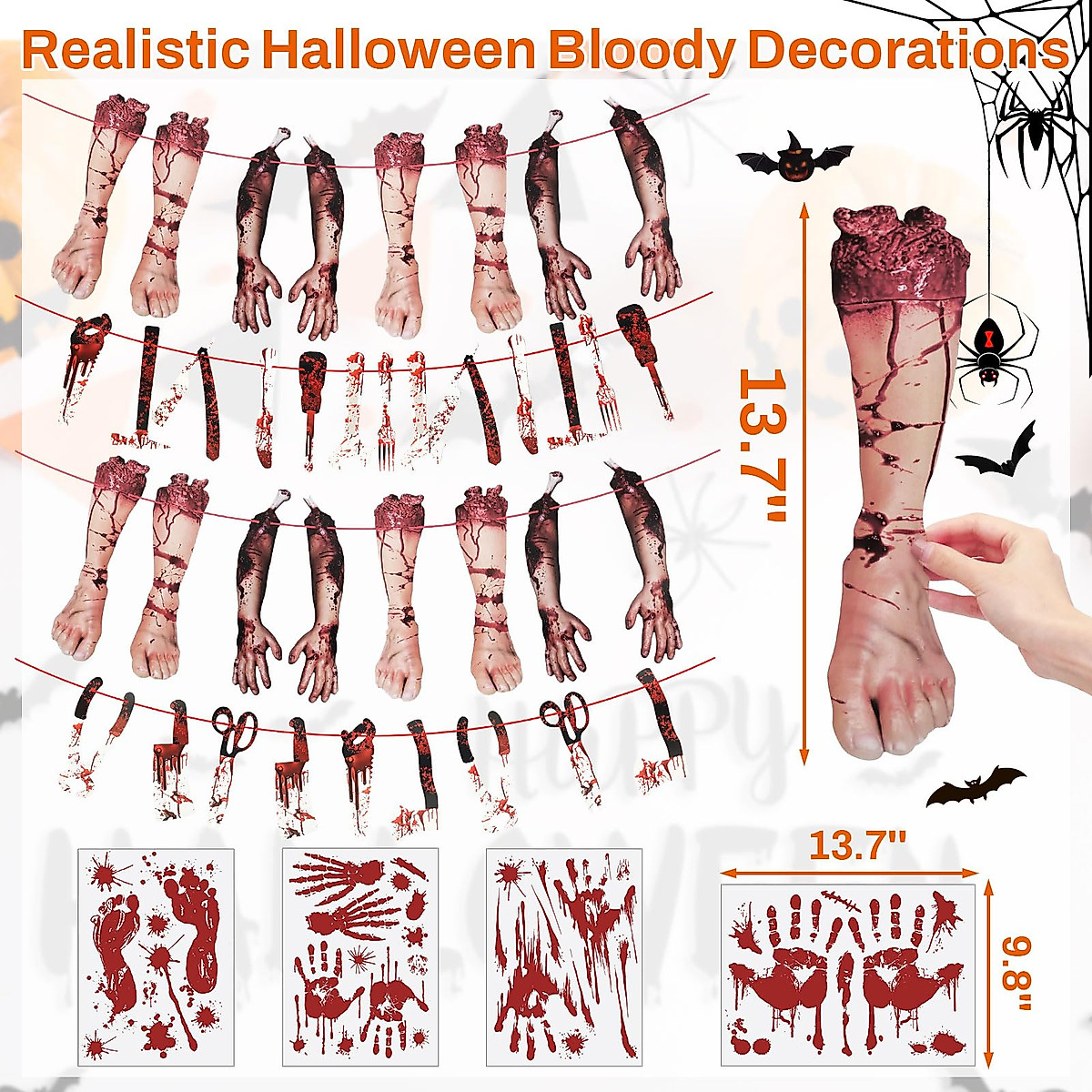 Poen 6 Pcs Halloween Bloody Body Bag 23.6 x 63 Inch Bloody Bag for Body Creepy 4 Pcs Halloween Garland Banner Fake Hands Knives Banners 4 Sheets Bloody Stickers for Haunted House Yard Decor