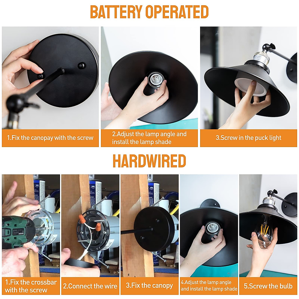 LABOREDUCER Battery Operated Wall Sconces Set of 2,Black Wireless Sconces Wall Lighting with Remote,Flexible Battery Wall Lamps,Wall Mounted Lights for Bedroom, Living Room, Hallway