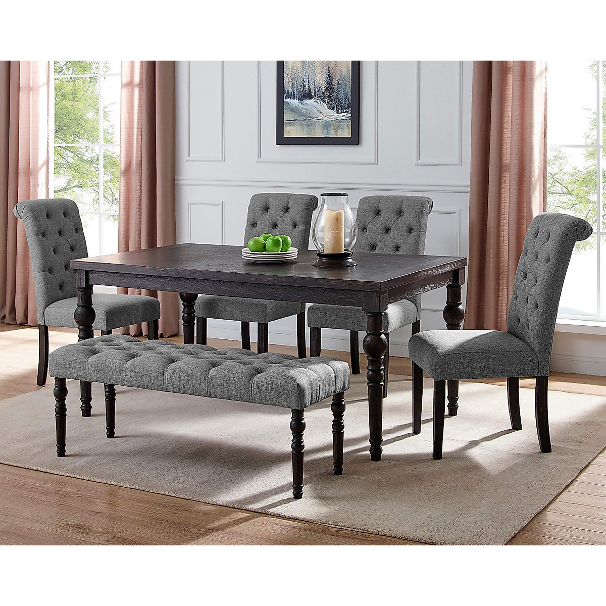 Roundhill Furniture Leviton Urban Style Dark Washed Wood Dining Set: Table, 4 Chairs and Bench, Gray