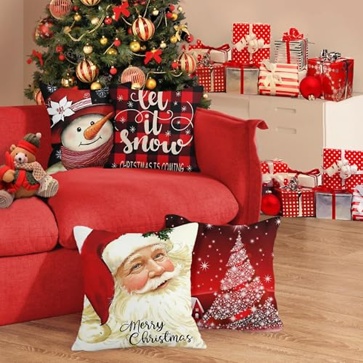 Emvency Set of 4 Throw Pillow Covers Christmas Snowman Let It Snow Red Black Buffalo Plaids Chair Decorative Pillow Cases Home Decor Square 16x16 Inches Pillowcases