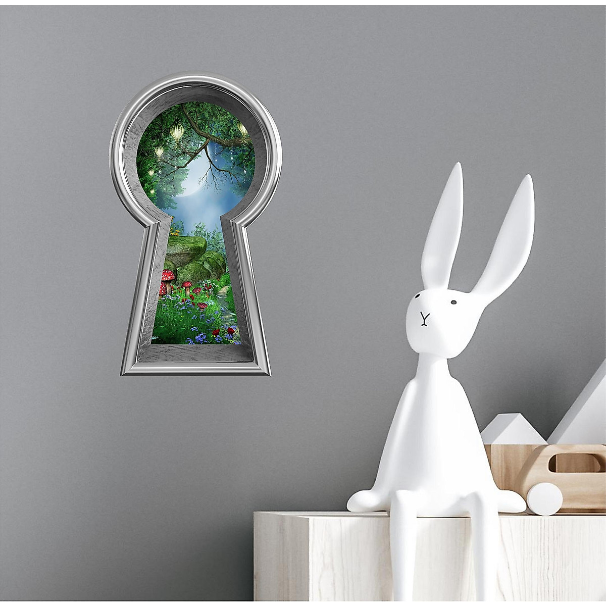 Silver Keyhole Window Wall Decal Enchanted Lantern Forest Wonderland Kids Room Decor Fantasy Mushroom Fairy Tale Removable Vinyl Wall Sticker 16 inch