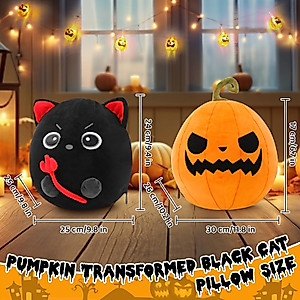 Emoin Halloween Plush 11.8" Reversible Halloween Pumpkin Cat Stuffed Animal Soft Black Cat Pumpkin Pillow Halloween Decor Birthday Gift for Kids