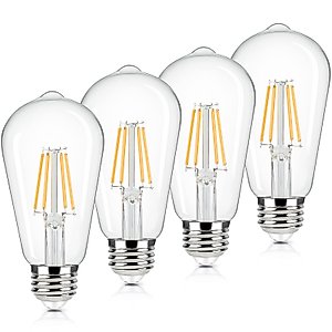 Brightever 4-Pack Vintage LED Edison Bulbs 60W Equivalent, 6W ST58 2700K Warm White Antique LED Filament Bulbs, E26 Medium Base, Clear Glass Style for Home and Commercial, Non-dimmable