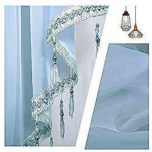 White Sheer Tulle Beaded Valance Curtains 2 Pieces Kitchen Cafe Rod Pocket Swag Window Curtain Valances with Bead Trim for Bedroom Bathroom Nursery Living Room, 51 x 24 Inch Length (Blue)
