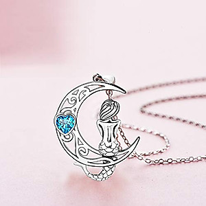 Distance Mermaid Necklace for Women 925 Sterling Silver Sea Mermaid Crescent Moon Necklace Birthday Jewelry Gifts for Women Wife Mom