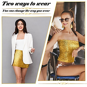 Women's Sparkly Sequin Crop Tops Strapless Metallic Tube Tops with Metal Mesh Drop Dangle Earrings for Party Clubwear (Gold)