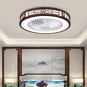 PIAOCAIYIN Modern Led Ceiling Fan with Light, Dimmable Round Chandelier Lamp, 110V Flush Mount Low Profile Fan, Adjustable Speed and Color Temperature, Remote Control, for Bedroom Dining Room