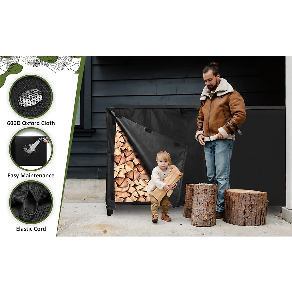Gardeny Firewood Rack Cover 8 Feet, Waterproof Log Rack 600D Oxford Fabric Cover, Heavy Duty Wood Rack Covering, All Weather Protection, Wood Holder Cover Woodpile Shelter, For Indoor & Outdoor Black