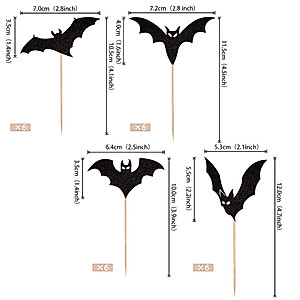 24 PCS Halloween Bat Cupcake Toppers Black Glitter Bat Halloween Cupcake Picks for Halloween Theme Baby Shower Kids Birthday Party Cake Decorations Supplies