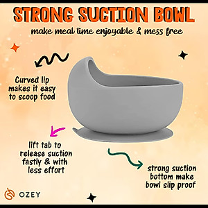 OZEY Silicone Baby Feeding Set: 100% Food Grade Baby Bib, Toddler Suction Plates and Bowls Set, Spoon, Fork, Cup, Straw-Baby Led Weaning Supplies (Grey), Small, Gray, 12232