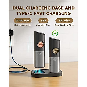 [Upgraded Larger Capacity] Sangcon Gravity Electric Salt and Pepper Grinder Set - USB Rechargeable With Dual Charging Base - Automatic One Hand Operation - Adjustable Coarseness & LED Light Refillable