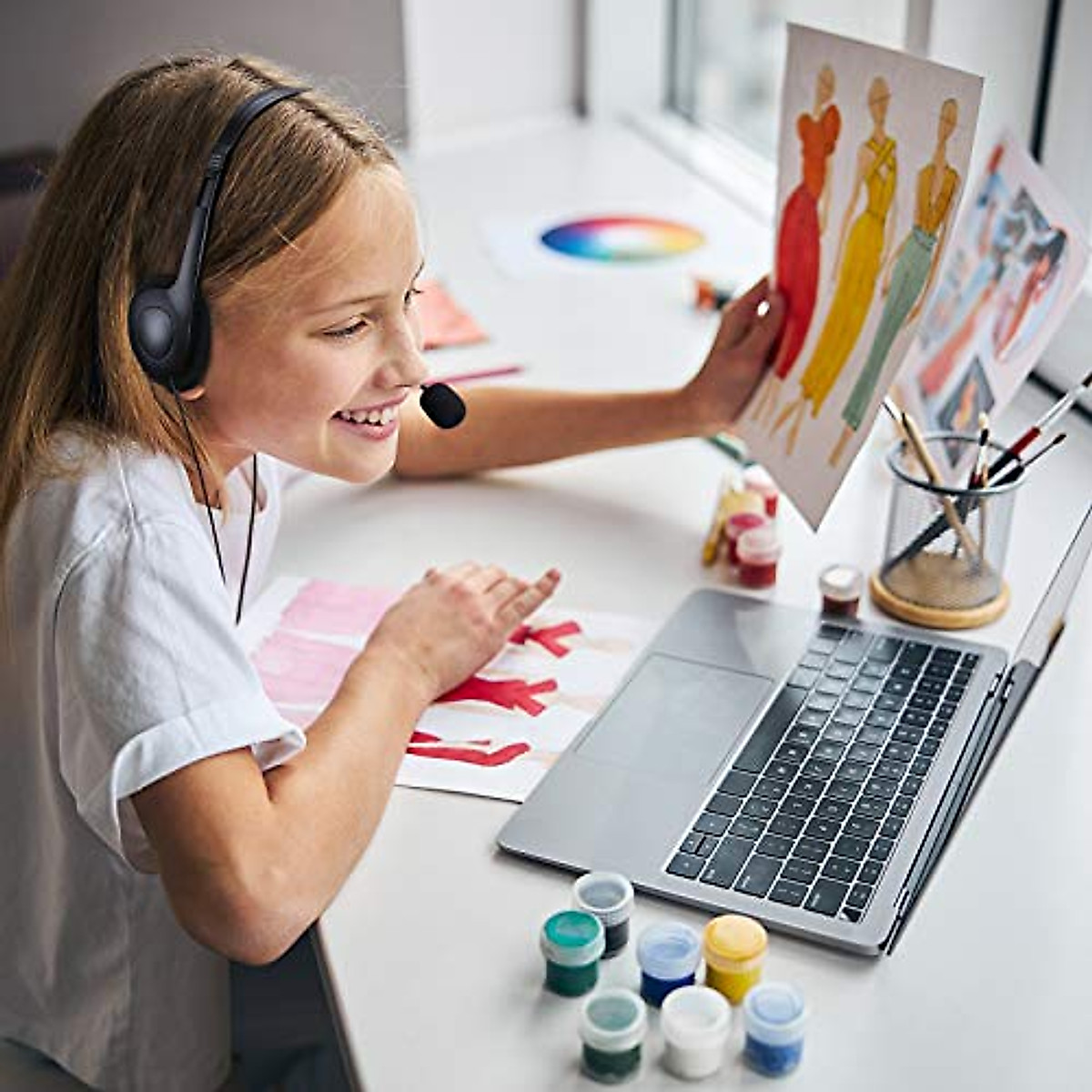 QINYOUNICE Kids Heaphones with Microphone Headphones for Kids with Microphone,Noise Cancelling and Volume Controls Kids Headphones for Online Course Computer Headset (Black Color)