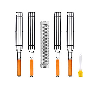 Kabob Grilling Baskets Grilling Basket and Pellet Smoker Tube, BBQ Grill Accessories set of 4 with 12” Stainless Steel Hot/Cold Smoker Tube Grills, BBQ Smoker Rotisserie Basket for Grilling Vegetables