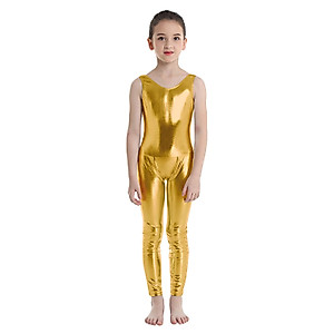 iiniim Kids Boys Girls Sleeveless Shiny Mettalic Full Body Unitard Jumpsuit Gymnasitc Tank Leotard Fancy Dance Costumes Gold 8-10
