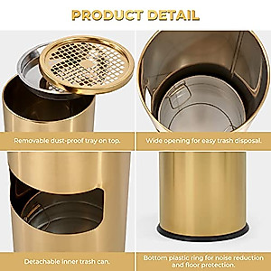 POWLAB Trash Can Outdoor Waste Container Round Stainless Steel Trash Can with Removable Inner Bucket for Disposal Commercial Waste Container 9.8 x 24-Gold Tone