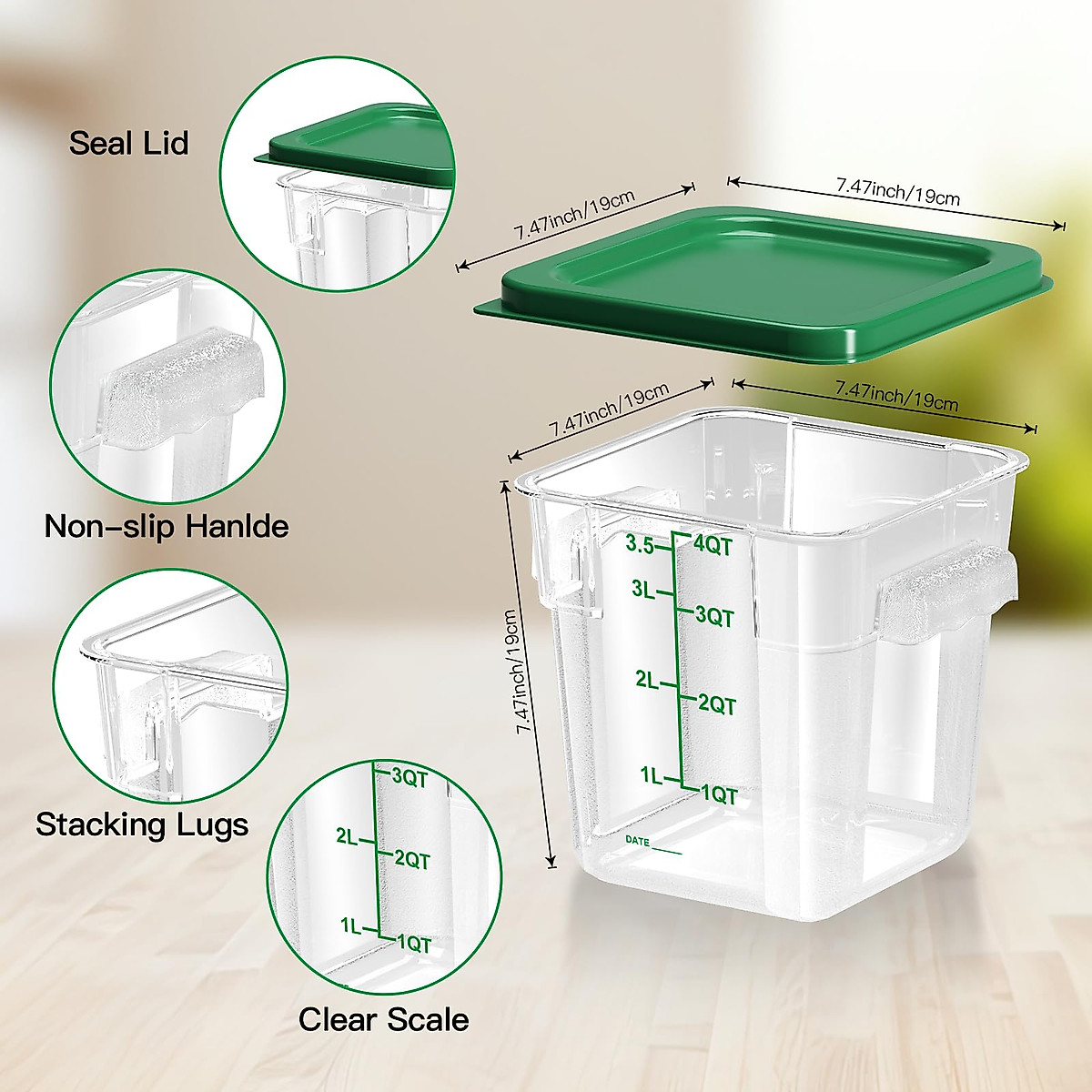 FeyBuosk 4 pcs 4qt Food Storage Containers with Lid, Square Clear Commercial Food Storage Containers with Handle and Scale for Food Storage in Home Kitchen & Dining (Green)