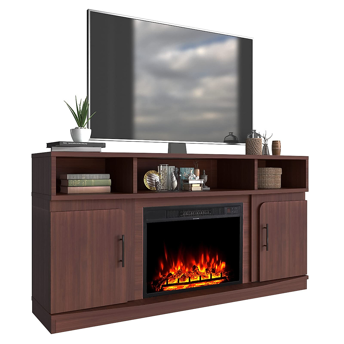 EROMMY 59'' Fireplace TV Stand with 23'' Electric Fireplace Insert, Entertainment Center with Adjustable Shelves, TV Console for TVs up to 65'' for Living Room, Bedroom, Office, Rustic Walnut