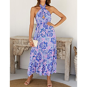 ZESICA Women's 2025 Summer Crossover Halter Neck Sleeveless Plaid Cut Out Backless Flowy A Line Maxi Dress,BluishViolet,Small