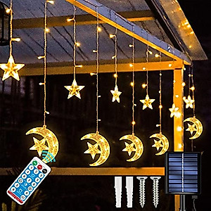 FUNPENY Solar Star and Moon Fairy String Lights 138LED 8 Lighting Modes Outdoor/Indoor Waterproof Twinkle Curtain Light for Backyard Garden Patio Home Ramadan Decoration