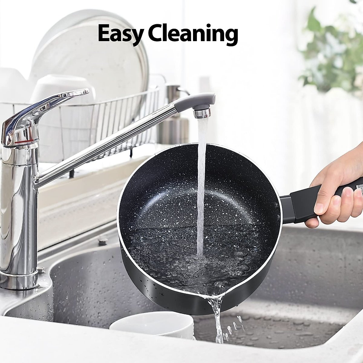 KOCH SYSTEME CS Black 3 Quart Saucepan - 3 QT Pot Black Marble Nonstick Saucepan with Lid, 4.4" Deep Soup Pot, Heating Fast, Easy to Clean, Comfortable Handle, Suitable for All Stovetops