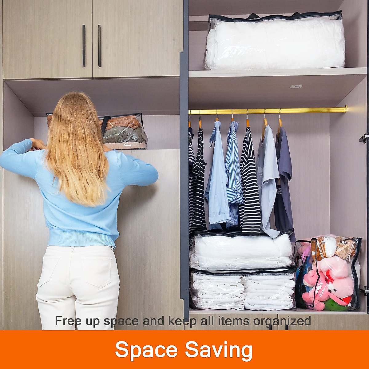 Vieshful 3 Pack Clear Clothes Storage Bag, 40L Zippered Closet Organizer, Plastic Storage Containers Moving bags for Comforter, Blanket, Bedding, Duvet, Toys