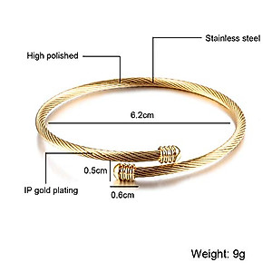 Jude Jewelers Stainless Steel Cable Wire Open Cuff Adjustable Size Bangle Bracelet (Gold)