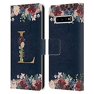 Head Case Designs Officially Licensed Nature Magick Letter L Floral Monogram Gold Navy Leather Book Wallet Case Cover Compatible with Samsung Galaxy S10+ / S10 Plus