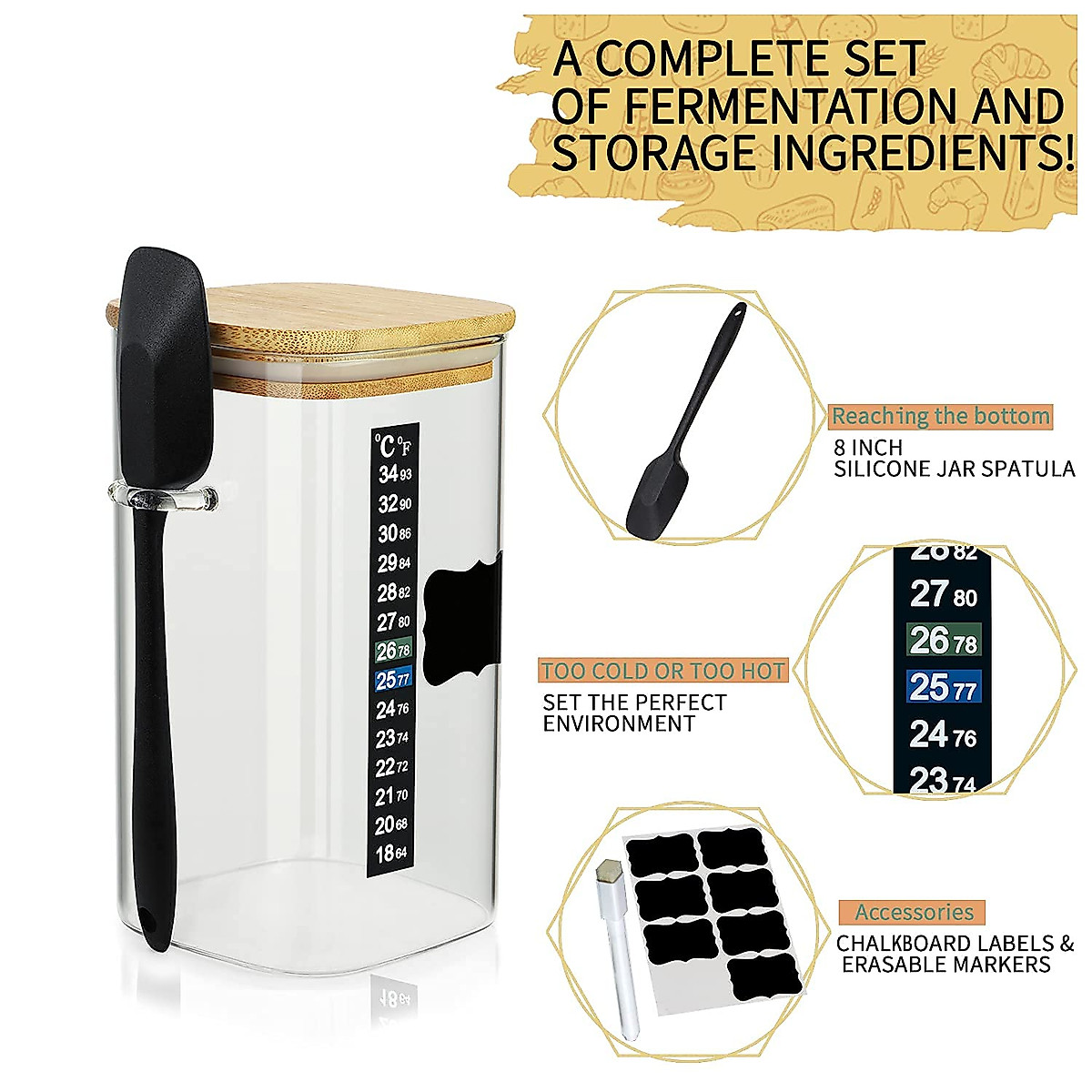 Cygnet Glass sourdough starter jar 50 Oz Fermentation tank with wood lid, fermentation tank, thermometer, silicone tank spatula, blackboard label and marking-used to store yeast starter