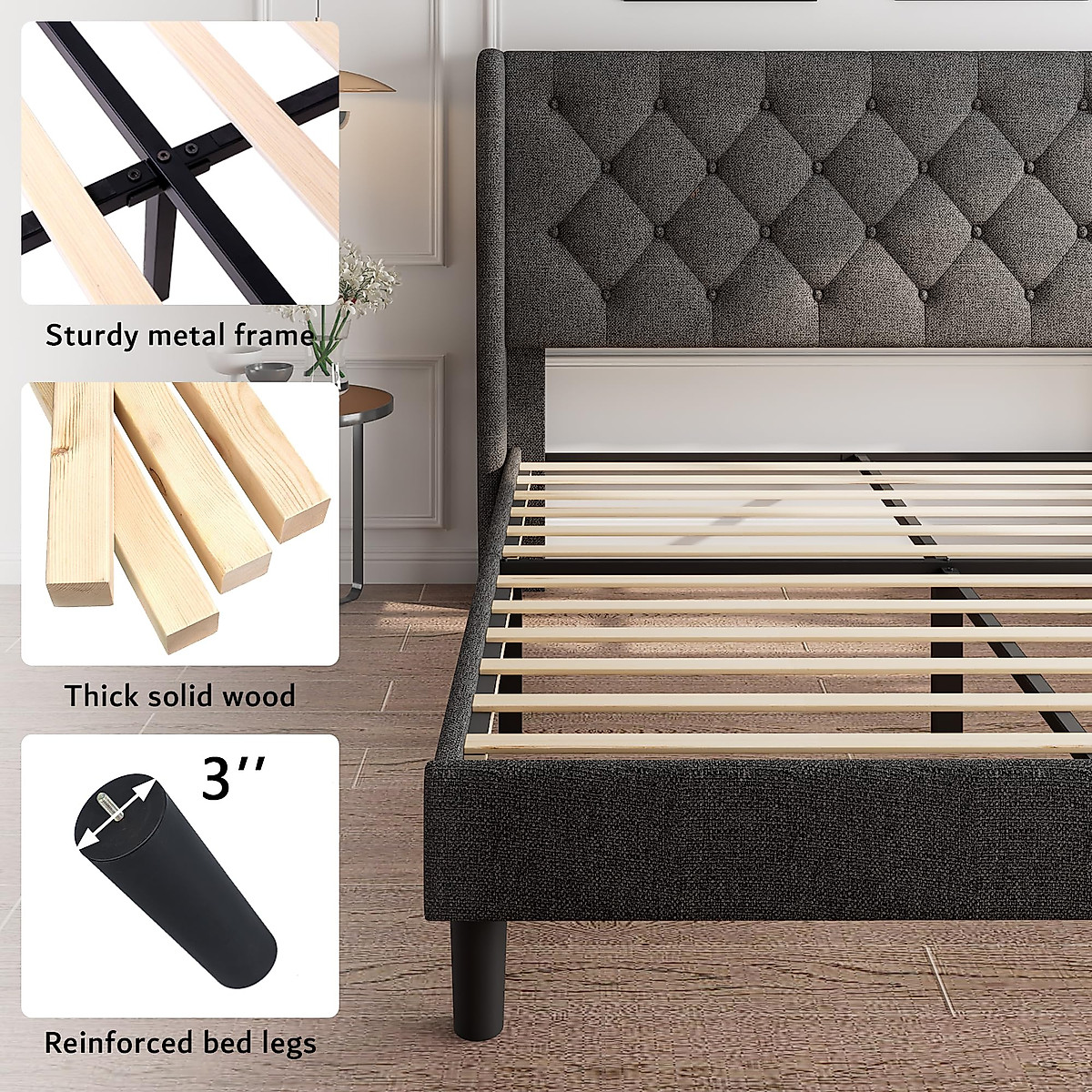 iPormis King Size Platform Bed Frame with Button Tufted Headboard, Upholstered Bed Frame with Solid Wooden Slats, 8" Underbed Space, No Box Spring Needed, Noise Free, Easy Assembly, Dark Gray