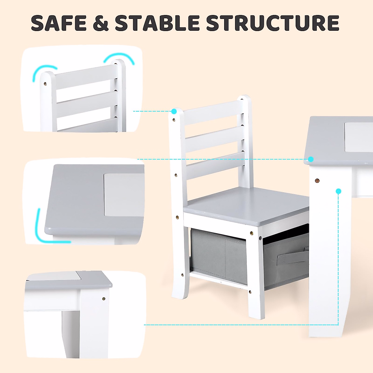Kinder King Kids Wood Table & 2 Chairs Set, 3 in 1 Children Activity Table w/Storage, Removable Tabletop, Blackboard, 3-Piece Toddler Furniture Set for Art, Crafts, Drawing, Reading, Grey& White…