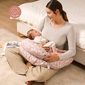 Momcozy Nursing Pillow Pink and Replacement Pillowcase, Original Plus Size Breastfeeding Pillows for More Support for Mom and Baby, with Adjustable Waist Strap
