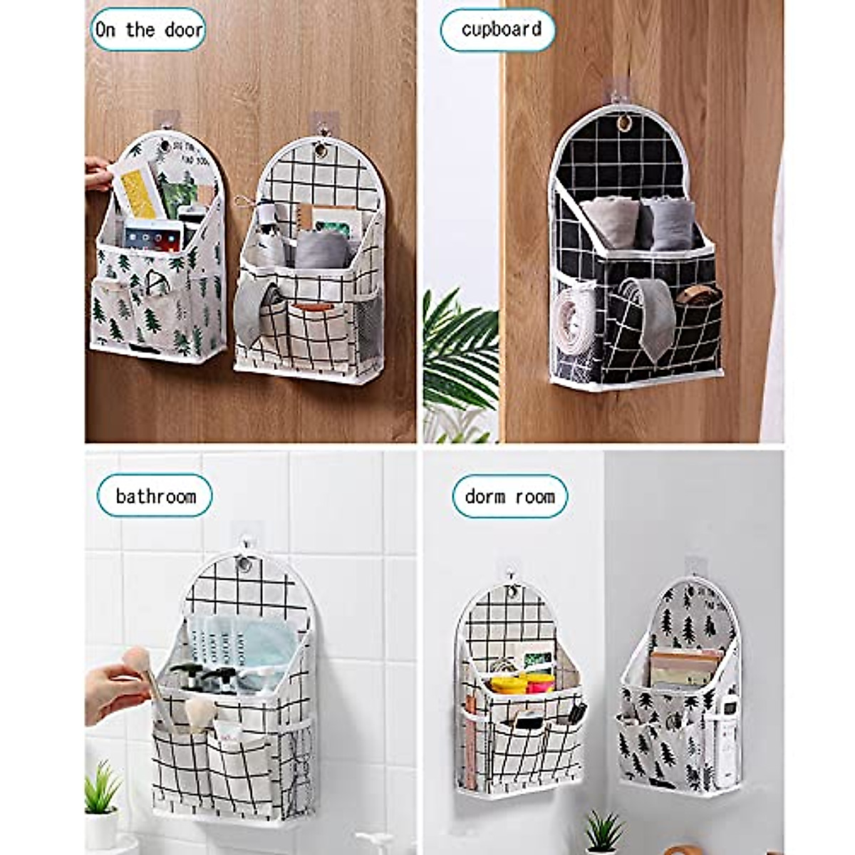 Wall Hanging Storage Bag, Waterproof Over The Door Closet Organizer Hanging Pocket Linen Cotton Organizer Box Containers for Bedroom, Bathroom, Kitchen, Office (Black Grid)