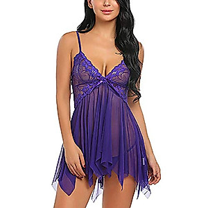 Aniywn Sexy Plus Size Lingerie Sets for Women V Neck Nightwear Lace Sleepwear Chemise Mini Teddy Lingerie Sleepwear Purple
