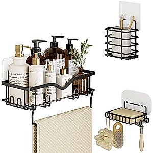 AMADA HOMEFURNISHING Shower Caddy Set, Stainless Steel Shower Organizer with Strong Adhesive, Shower Shelves with Toothbrush Holder, Soap Holder & Towel Bar, No Drilling, Set of 3, Black, AMHSR02B