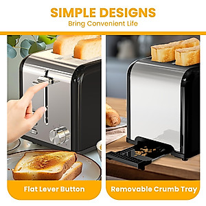 Simple Deluxe 2-Slice Toaster, Stainless Steel Toaster, 6 Browning Setting and 3 Function, Extra Wide Slot & Removable Crumb Tray, for Bread & Waffle, Black