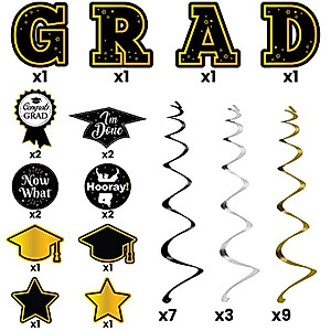 35 Pieces, Graduation Hanging Swirls Decorations - Large, No DIY | Black and Gold Graduation Decorations 2023 | Graduation Hanging Decorations | Graduation Party Decorations, Class of 2023 Decorations