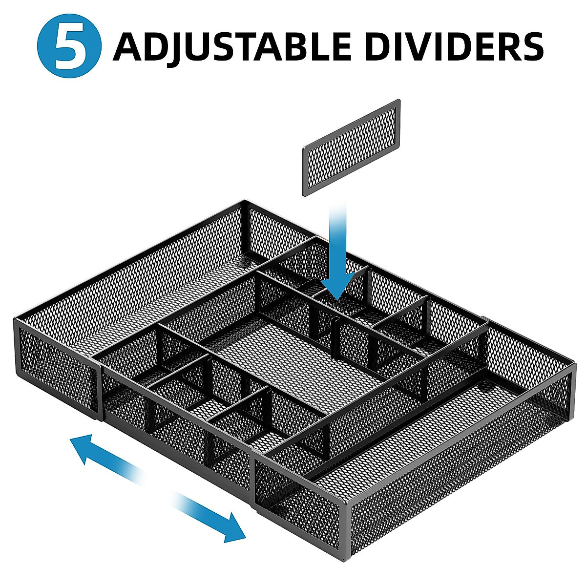 Marbrasse Expandable Desk Drawer Organizer, Mesh Drawer Organizer Tray with 10 Adjustable Compartments, Desk Organizers and Accessories, 5 Dividers Drawer for Office Supplies, Makeup & Vanity (Black)