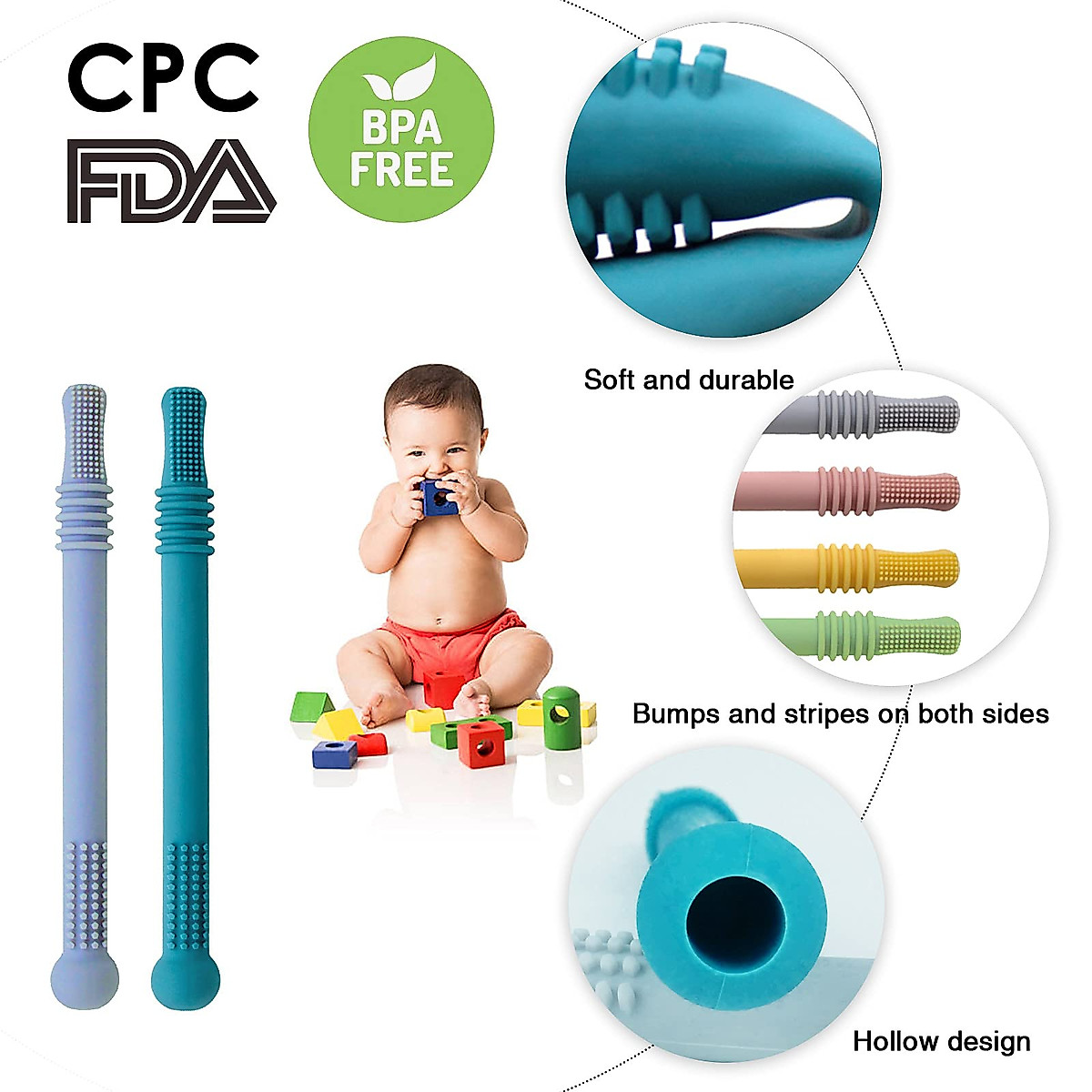 Hollow Molar Teether, Silicone Baby Teething Toy, Teethers for Babies Boys and Girls, with 4 Cleaning Brush, BPA Free/Freezable (6 Pack)